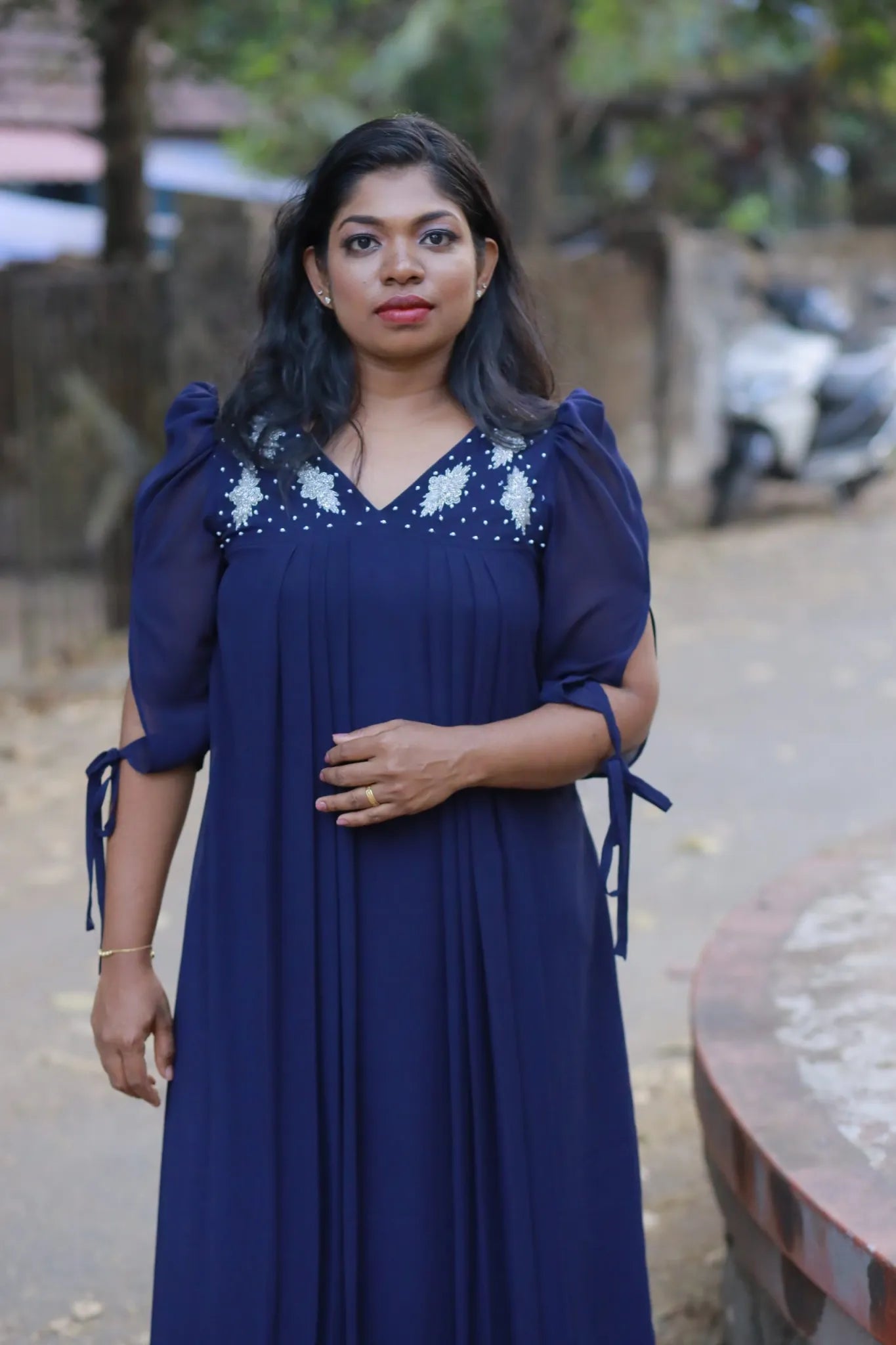 A Line with Side Gathers(Blue) – Mudhra Design