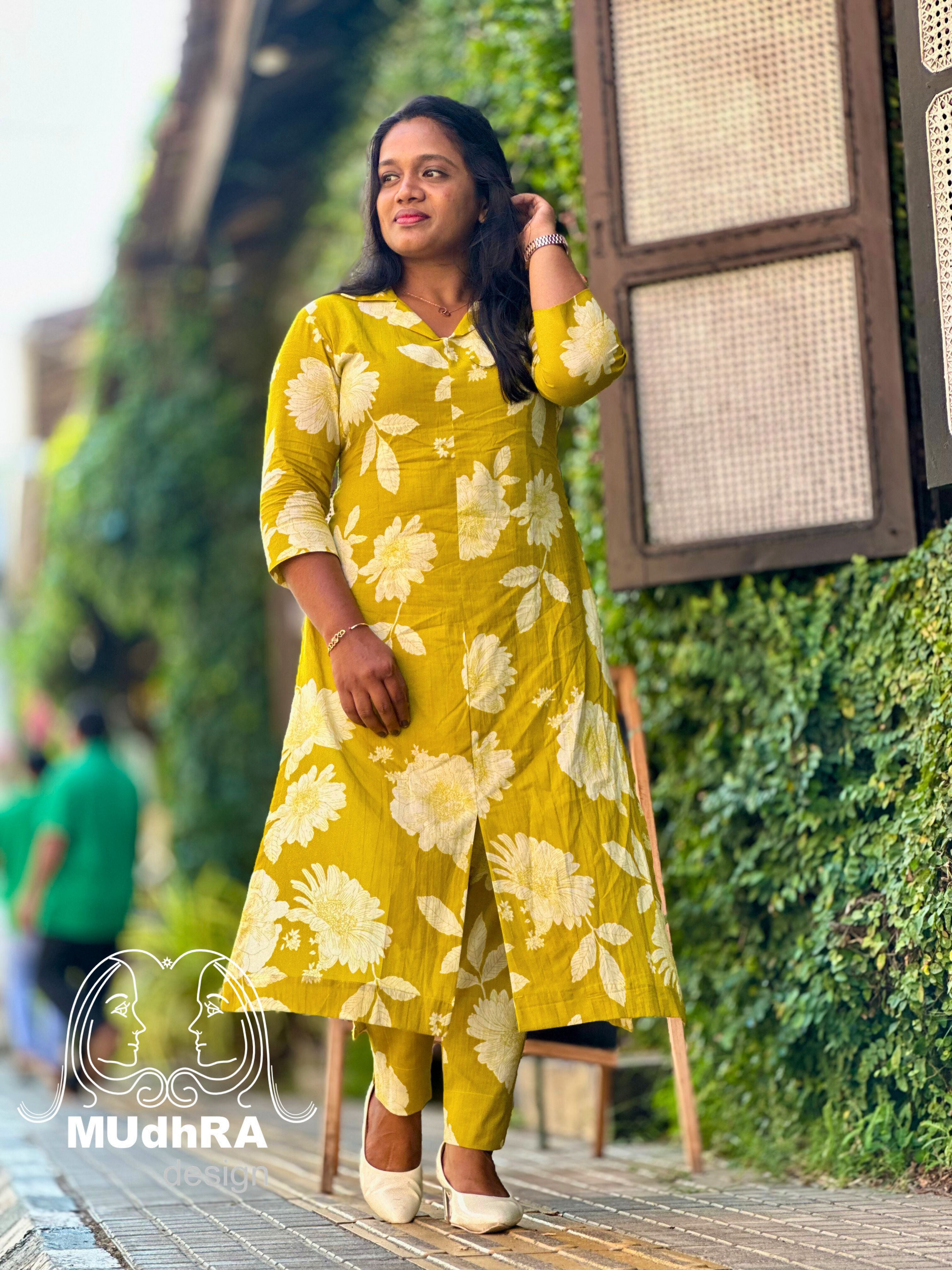 Mustard Yellow Cotton Top & Bottom Set - Mudhra Design